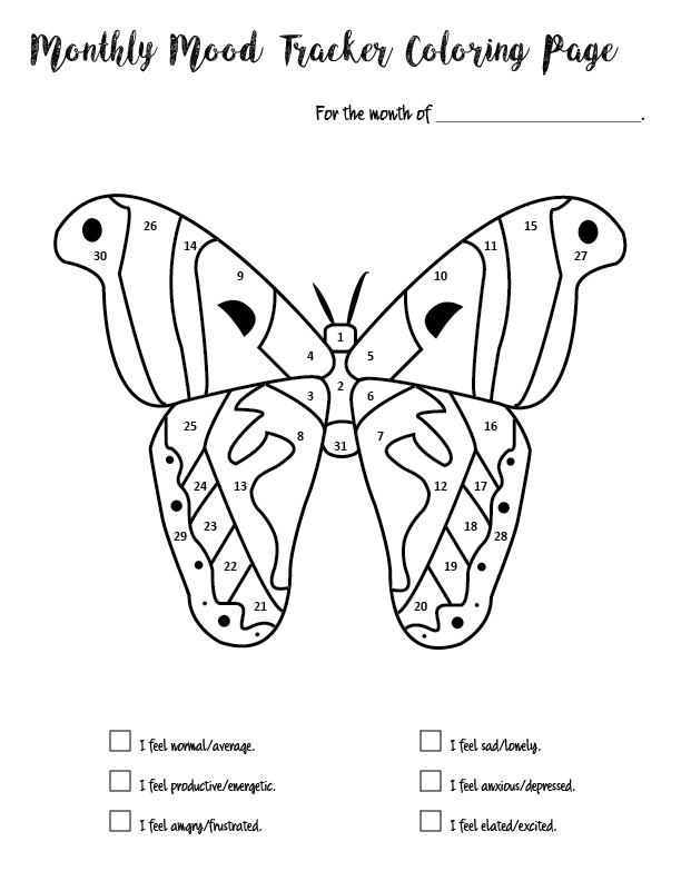 Mood Tracker Monthly Butterfly Coloring Book Pages - Coloring Nation