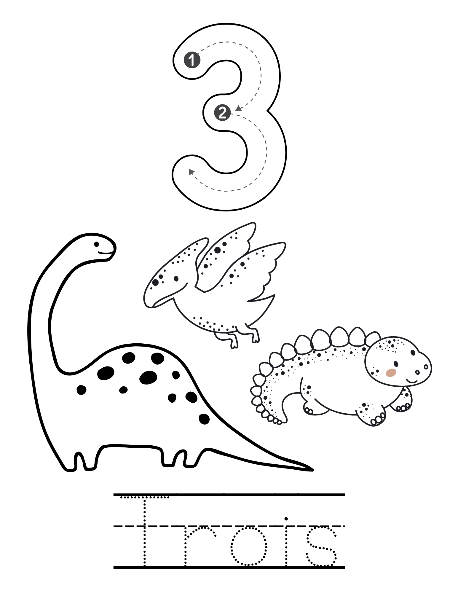Dinosaur Numbers In French 1 10 Worksheets For K & Prek To Color, Trace ...