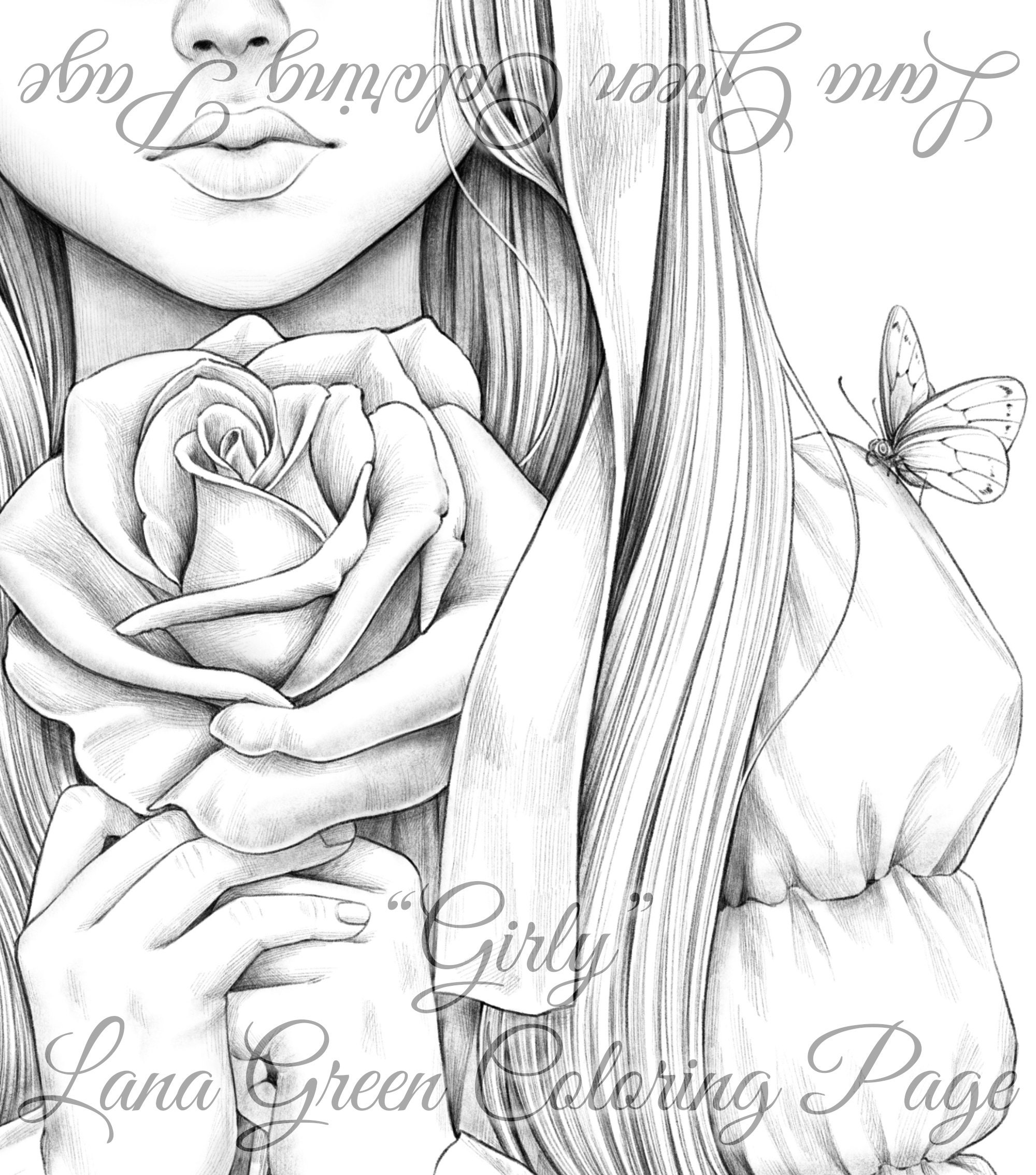 Girly Coloring Page For Adults Grayscale Coloring Page - Coloring Nation